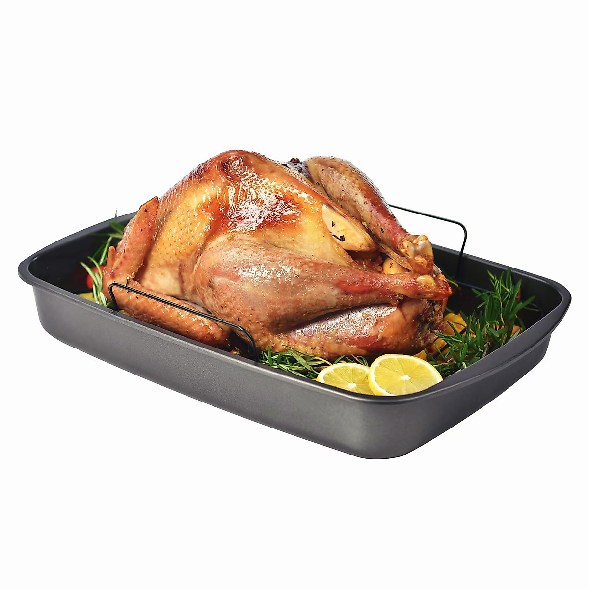 Bakeley Roasting Pan, Nonstick Roaster Pan with Rack, Turkey Roasting Pan with V Rack, 19 Inch x 13 Inch, Black