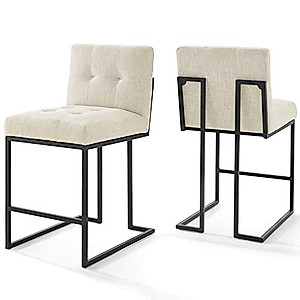 Modway Privy Stainless Steel Upholstered Fabric Counter Stool Set of 2, Black Beige