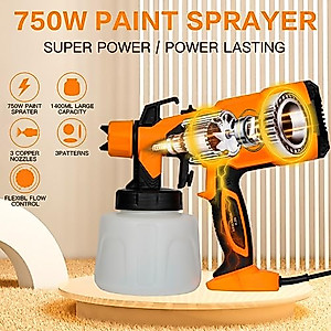 Paint Sprayer, 750W HVLP Electric Paint Sprayer, Paint Spray Gun 1400ml Container, Copper Nozzles and 3 Patterns, Paint Sprayers for Home Interior and Exterior, Chairs, Walls, Fence, Door, Cabinet