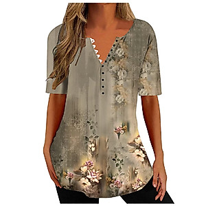 returns and refunds my orders return center womens summer tops with sleeves Dressy Tops for Women Casual V Neck Floral Print Ethnic Blouse Short Sleeve Buttons Summer Trendy Vintage Shirts Gray XL