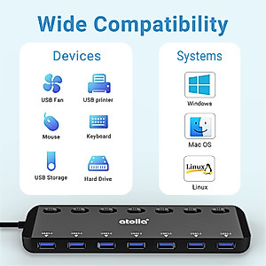 atolla 7-Port USB 3.0 Hub Splitter, USB Extender Ultra Slim Data USB Hub with Individual Power Switch and LEDs