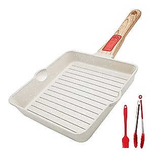 Bobikuke Nonstick Grill Pan, 8 Inch Grill Pan for Stove Tops Steak Pan Square Skillet with Removeable Handle, Oven& Dishwasher Safe, Double Pour Spouts (White)