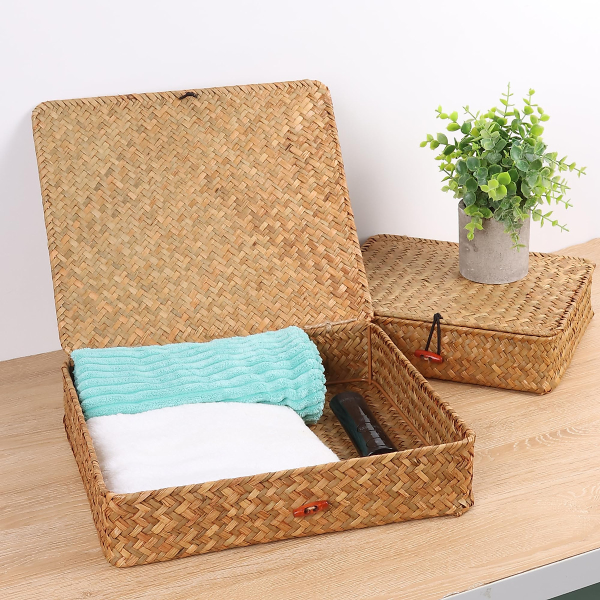 Moosky Flat Wicker Shelf Baskets with Lid, Seagrass Woven Basket Boxes for Storage Basket Bins Multipurpose Home Decor Organizer (Natural Set of 2)