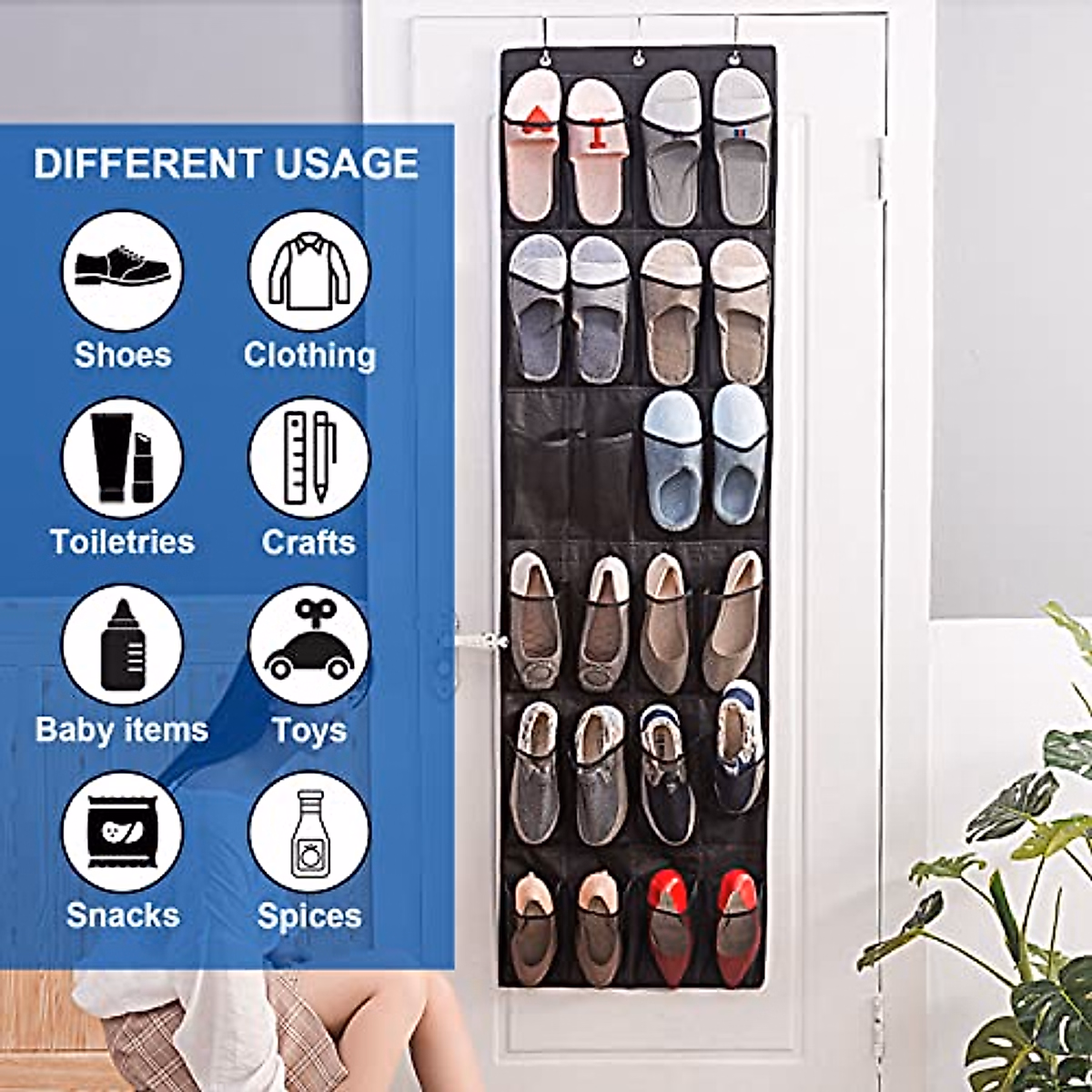 YuGtcen Over The Door Shoe Organizer, 24-Slot Hanging Shoe Holder Breathable Mesh Shoe Rack for Closet, Bedroom, Space Saving Behind Door Storage with Hooks for Shoes & Accessories (Black)