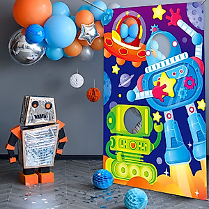 DPKOW Kids Robot Party Prop - Funny Robot Face Photo Banner for Boys' Space-Themed Birthday Party Decorations