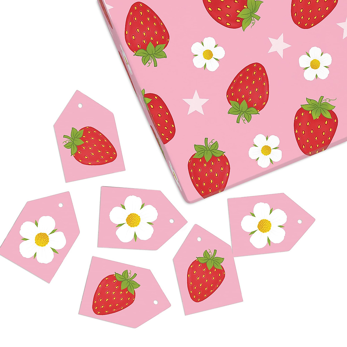 CENTRAL 23 Baby Shower Wrapping Paper for Girl - 6 Sheets of Pink Gift Wrap - Strawberry Flowers Star - Birthday Wrapping Paper for Girls - Comes with Fun Sticker