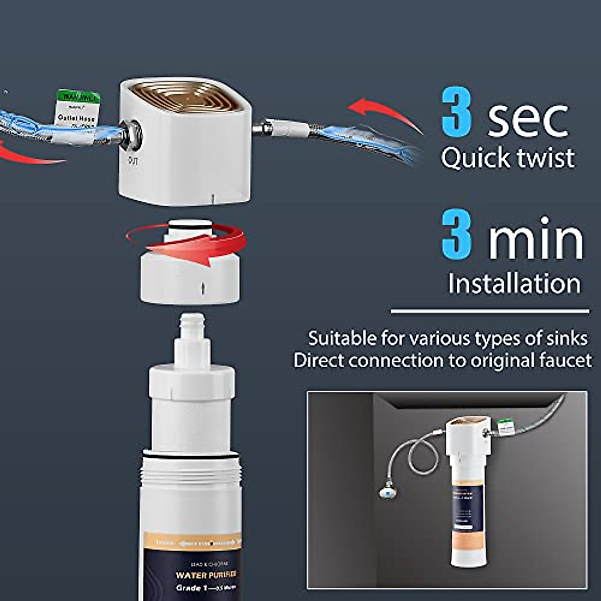 Under Sink Water Filter System,Water Filtration System,NSF/ANSI Certified Direct Connect Under Counter to Kitchen Faucet,Drinking Water Filter 0.5 Micron Reduces 99.99% Lead,Chlorine,Bad Taste,Odor