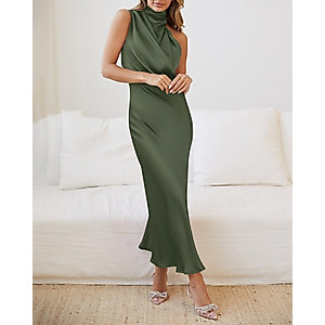 BTFBM Women's Sleeveless Cocktail Dresses Mock Neck Keyhole Elastic High Waist Wedding Guest Evening Party Maxi Dress(Solid Army Green, Medium)