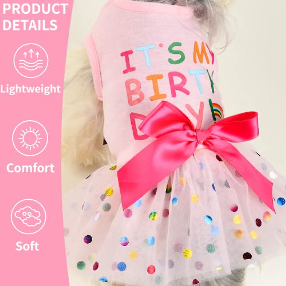 Dog Birthday Dress, It's My Birthday Pet Dog Outfit, Polka Dots Lace Tutu Dog Clothes for Small Dogs Girl, Cat Apparel, Pink, X-Small