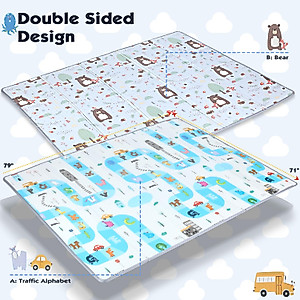 MEM Baby Play Mat 79" x 71", Foldable Baby Play Mats for Floor, Reversible Waterproof Foam Playmat for Babies and Toddlers, Extra Large Non-Slip Baby Crawling Mat with Travel Bag