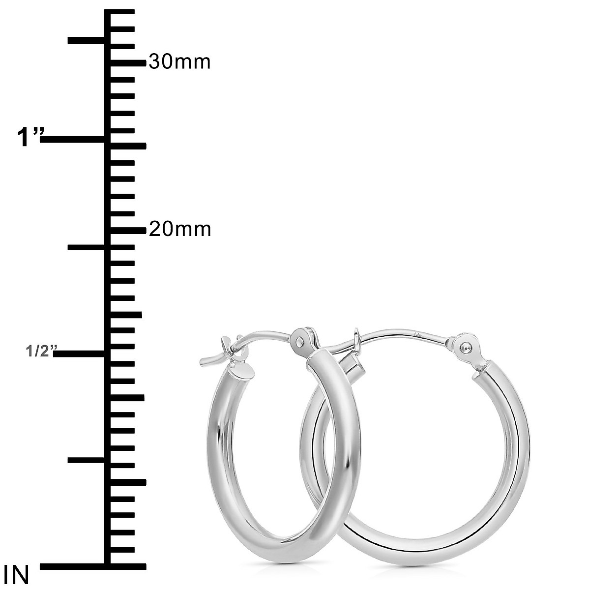 14k White Gold Polished Real Gold Hoop Earrings, Plain Round Gold Hoops, 14 Karat Real Gold 13mm (0.5 inch)