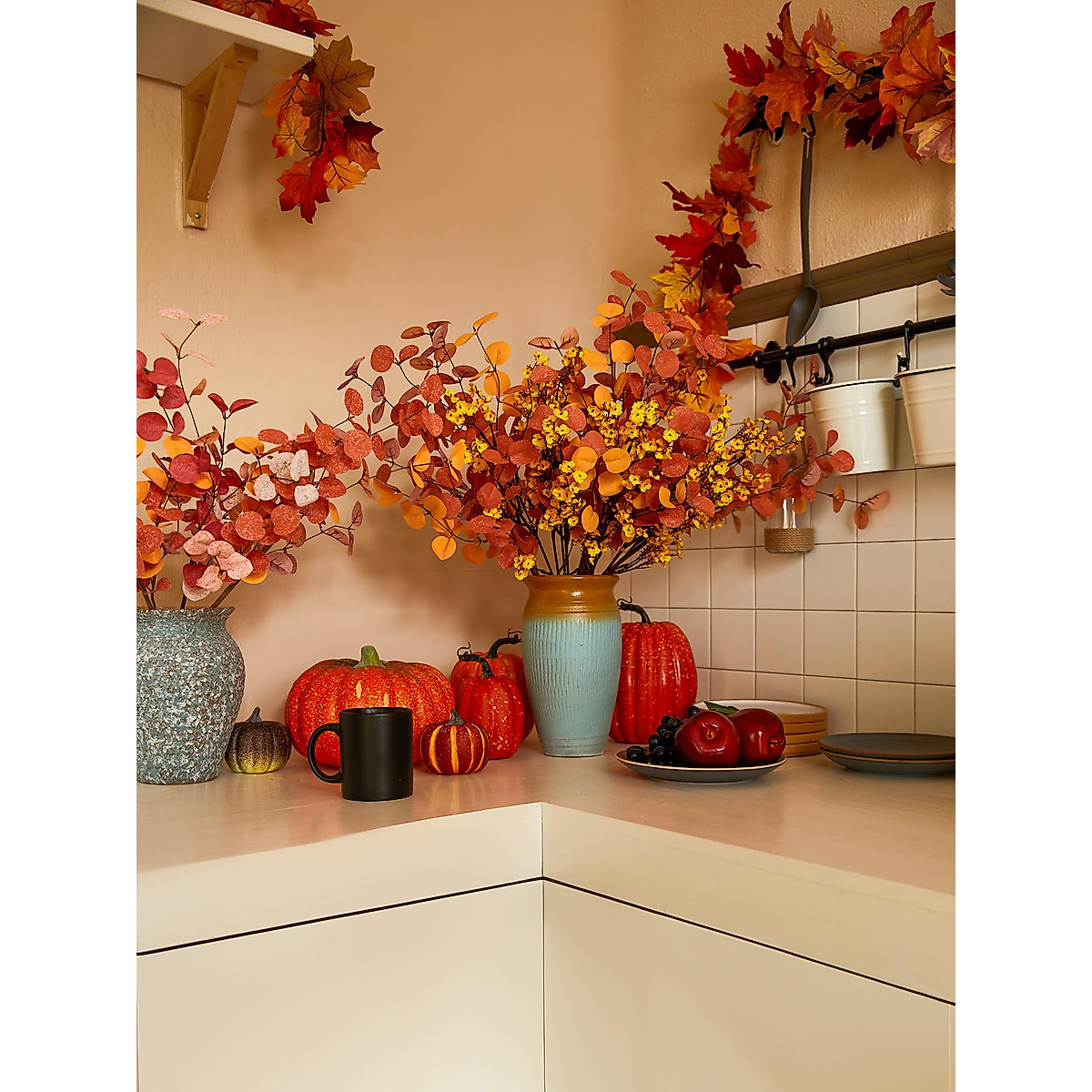 Anna's Whimsy 8 Pcs Artificial Eucalyptus Stems and Fake Babys Breath Flower Fall Decorations Fall Leaves for Fall Home Decor