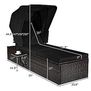 HAPPYGRILL Patio Lounge with Retractable Canopy Outdoor Reclining Chair with Adjustable Backrest Rattan Wicker Lounge Daybed with Coffee Table Sun Lounger for Beach Poolside Backyard Balcony Porch