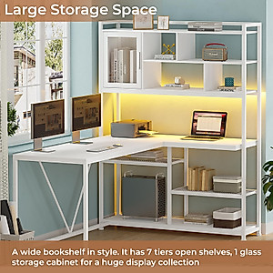 SEDETA L Shaped Computer Desk, 58'' Office Desk with LED Light and Bookshelf, L Shaped Corner Desk with Storage Shelves for Home Office, Gaming Desk, L Desk, White
