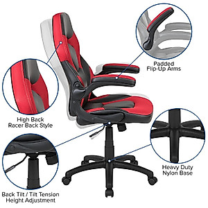 Flash Furniture X10 High-Back LeatherSoft Racing Style Gaming Chair with Flip-Up Arms, Ergonomic Padded Swivel Computer Chair, Red/Black