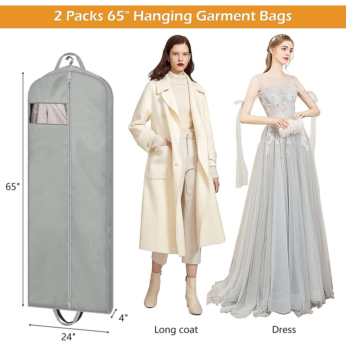 MISSLO 65" Long Garment Bags for Travel Dress Bags Wedding Dress Cover Waterproof Clothing Bags Storage Traveling Clothes Protector for Closet Wardrobe Bags 2 Packs for Gowns, Tuxedos, Coats, Gray
