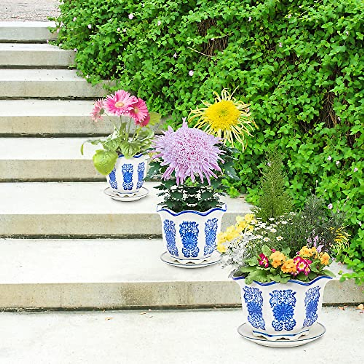 Trendy Chicon Point Oriental Blue and White Porcelain Plant pots with Drainage Holes, mesh Tray for Indoor Outdoor Plants. Set of 3 Chinoiserie Designs (7.6x4.8, 5.8x4.0, 4.2x3.5, Asian), Blue,white