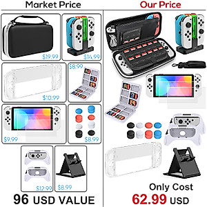 Accessories Bundle for Switch OLED, All in 1 Accessories Kits for Switch OLED 2021 Model：Case & Screen Protector, Hand Grips & Racing Wheels for Joy con, Controller Charger Dock, Carrying Case & More