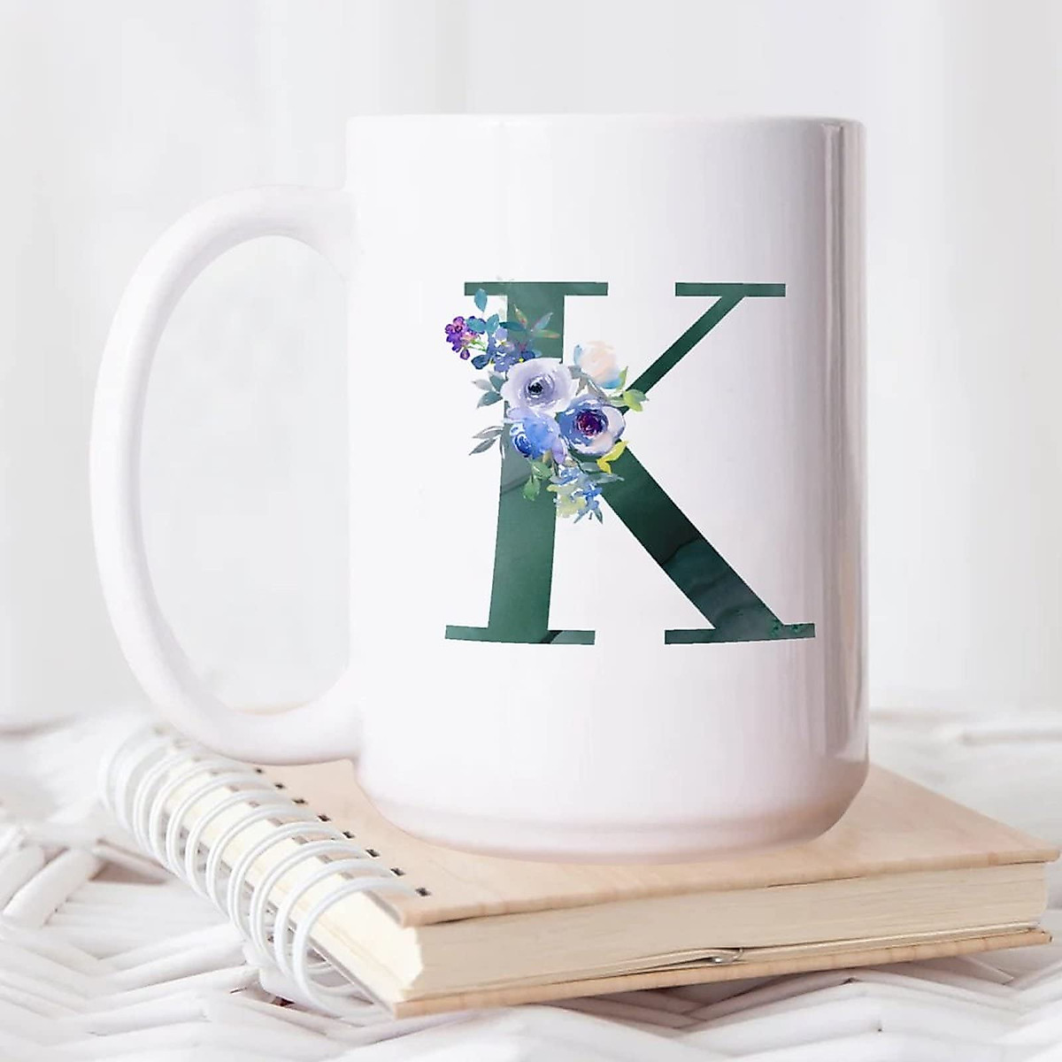 Christmas Funny White Ceramic Coffee Mug 15oz Blue Floral Green Initial Letter K Monogram Alphabet Coffee Cup Humorous Tea Milk Juice Mug Novelty Gifts for Xmas Colleagues Girl Boy