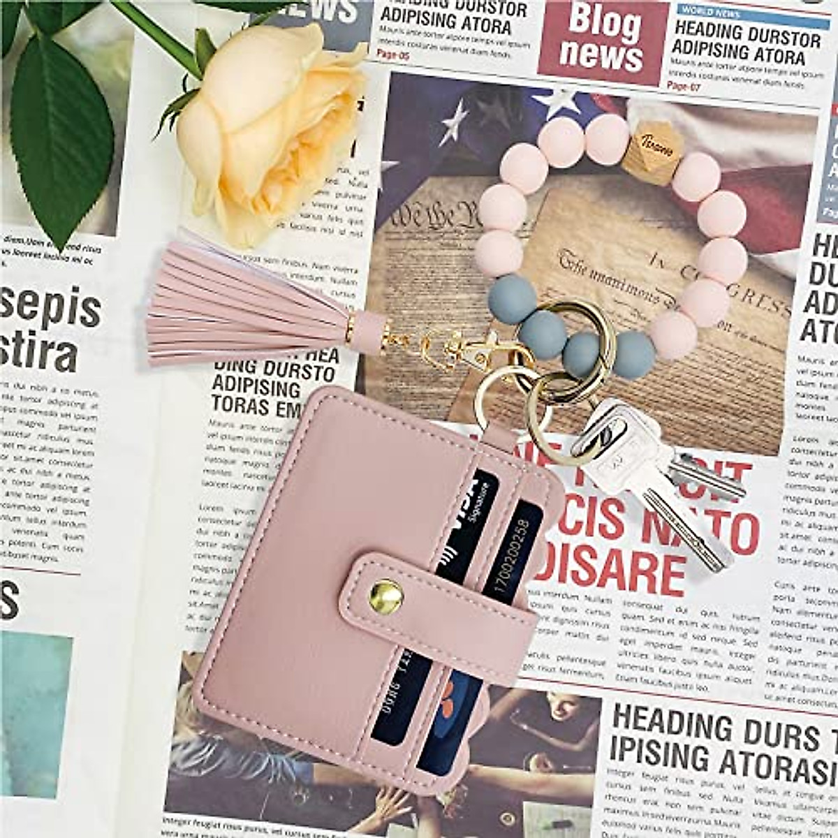 TSNSOEEO Wristlet Keychain Bracelet Wallet, Key Ring Silicone Bead Bangle, Tassel Card Pocket Key Chains for Woman