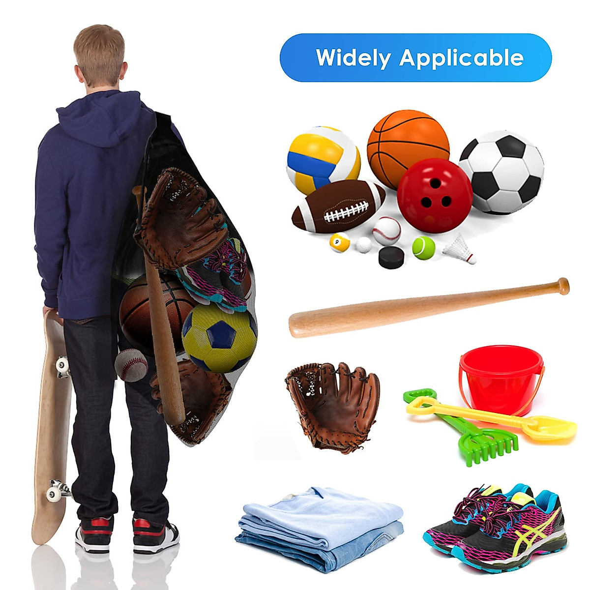 BROTOU Extra Large Sports Ball Bag Mesh, Basketball Bags Team Balls, Adjustable Shoulder Strap, Team Work Ball Bags for Holding Soccer, Football, Volleyball, Swimming Gear (30” x 40”) (2PCS)