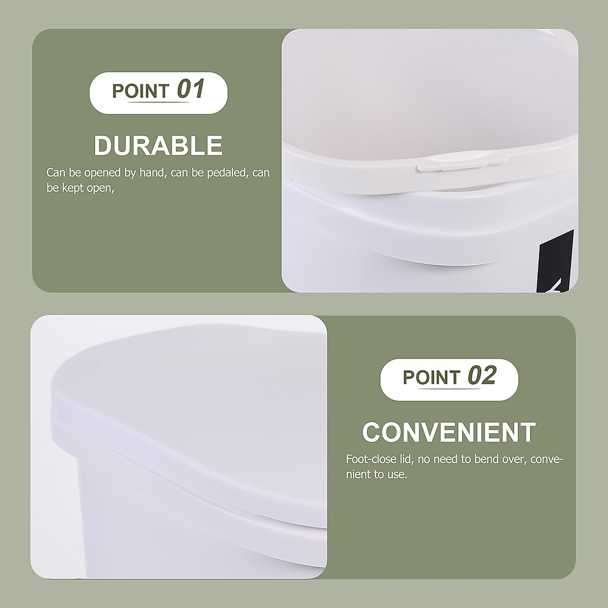 Uonlytech 10L White Polypropylene Foot-Close Lid Trash Can, Can Be Opened by Hand, Pedaled or Kept Open