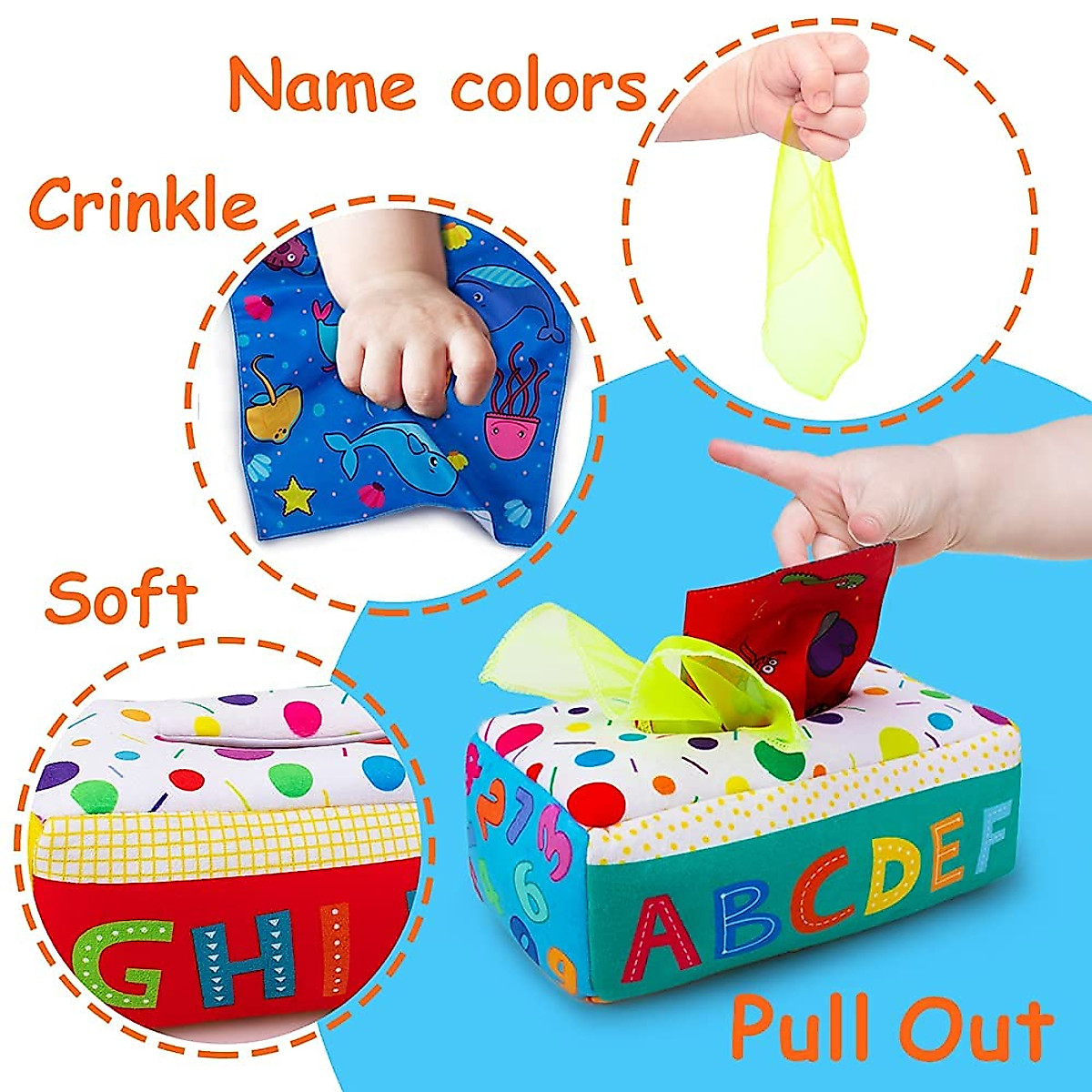 teytoy My First Baby Tissue Box, Soft Stuffed High Contrast Crinkle Montessori Square Sensory Toys Juggling Rainbow Dance Scarves for Toddler, Infants, Newborns and Kids Educational Preschool Learning