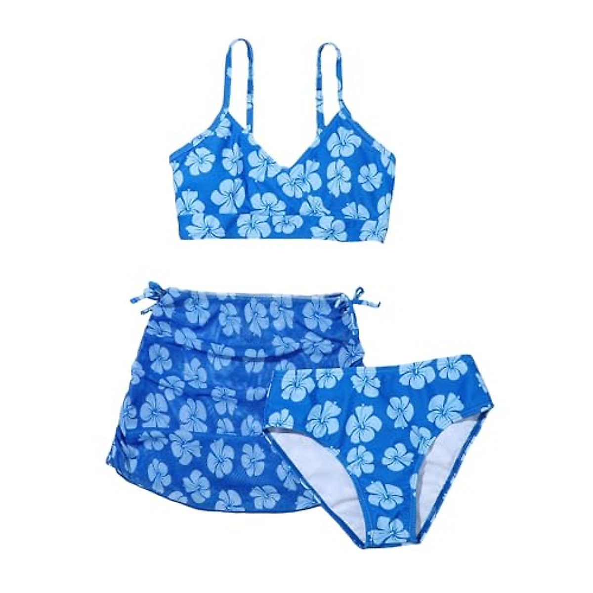 COZYEASE Girls' 3 Piece Set Floral Print Bikini Swimsuit with Drawstring Beach Skirt Cute Ruched Bathing Suit Blue 12 Years