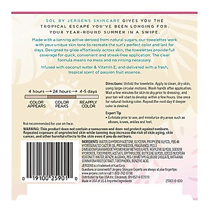 SOL by Jergens Full Body Self Tanner Towelettes, Streak-free Natural-Looking Sunless Tanning Wipes, 6 Count, Infused with Coconut Water and Vitamin E, Sun-inspired Color in 4 Hours
