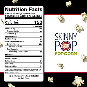 SkinnyPop Sea Salt & Pepper Popcorn, Gluten Free, Non-GMO, Healthy Popcorn Snacks, Halloween Snacks for Kids, Skinny Pop, 4.4oz Grocery Size Bag