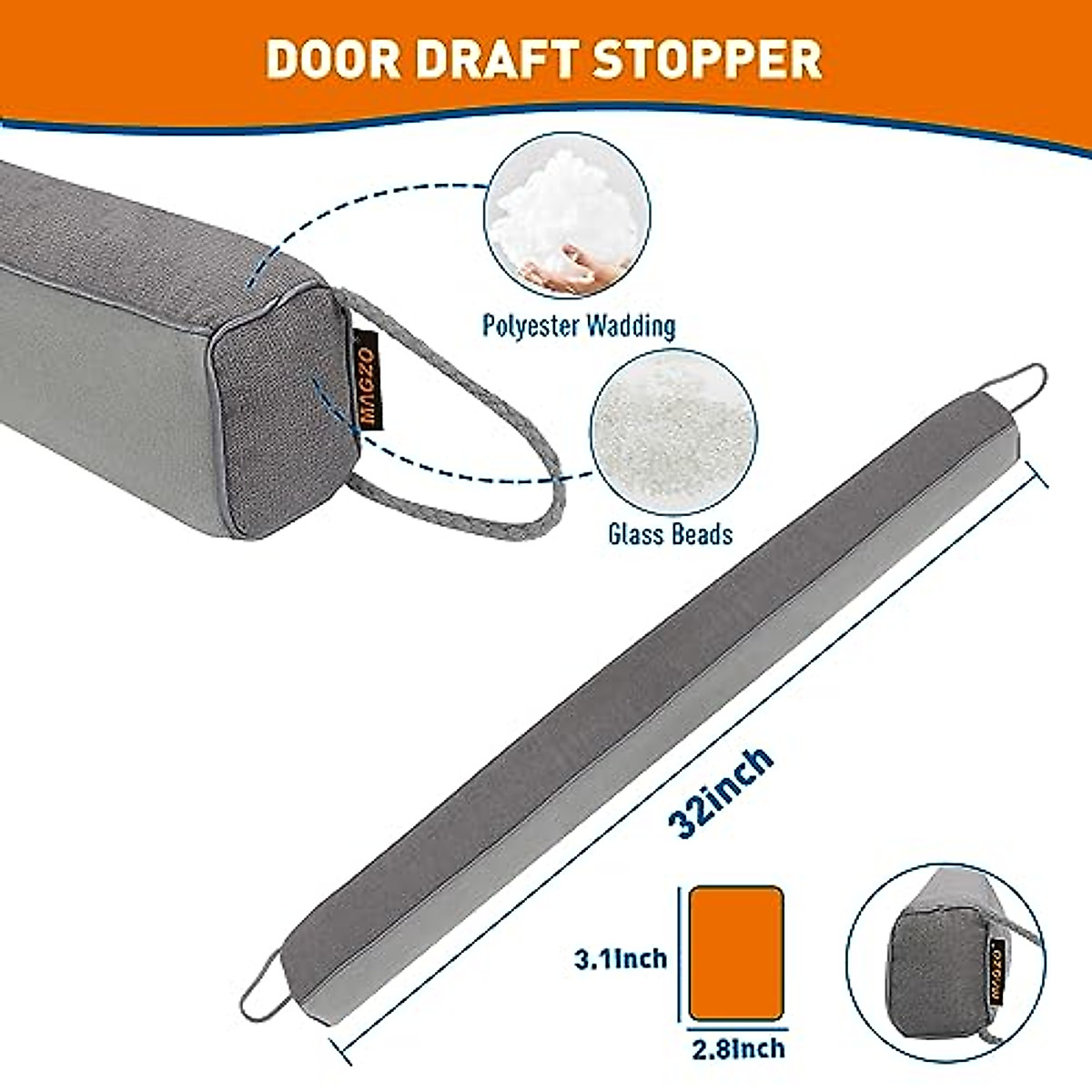 MAGZO Door Draft Stopper 32 Inches, Weighted Rectangle Door Snake for Winter Noise Blocker with Hook Loops,Gray
