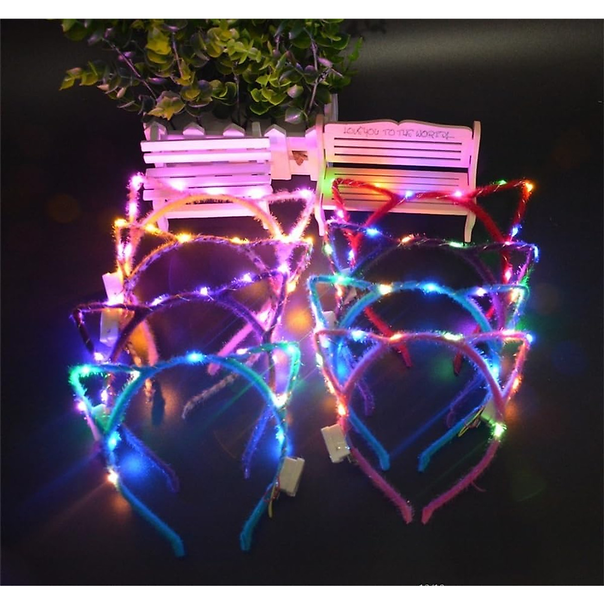 REQO 10 Pieces Cat Ears Headbands Set,LED Cute Cat Light Up Head Accessories,Glowing Girls Headdress Party Supplies For Night Clubs, Raves, Concert Party,Christmas,Halloween,Adults,Kids (10pcs-A)