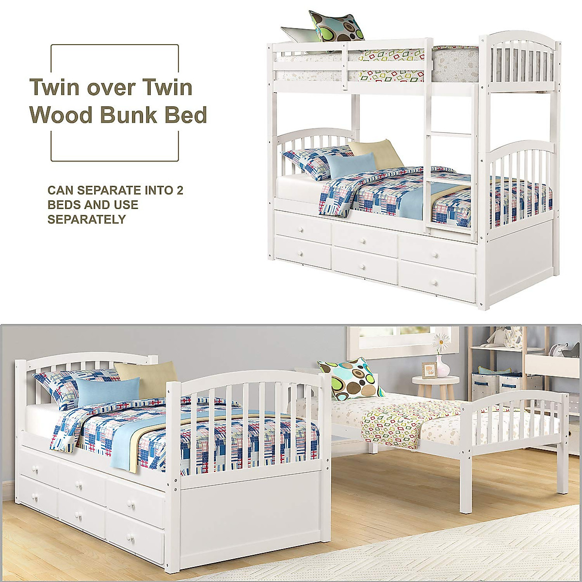 SOFTSEA Twin Over Twin Bunk Bed with Twin Trundle, 4 Step Ladder and 3 Drawers