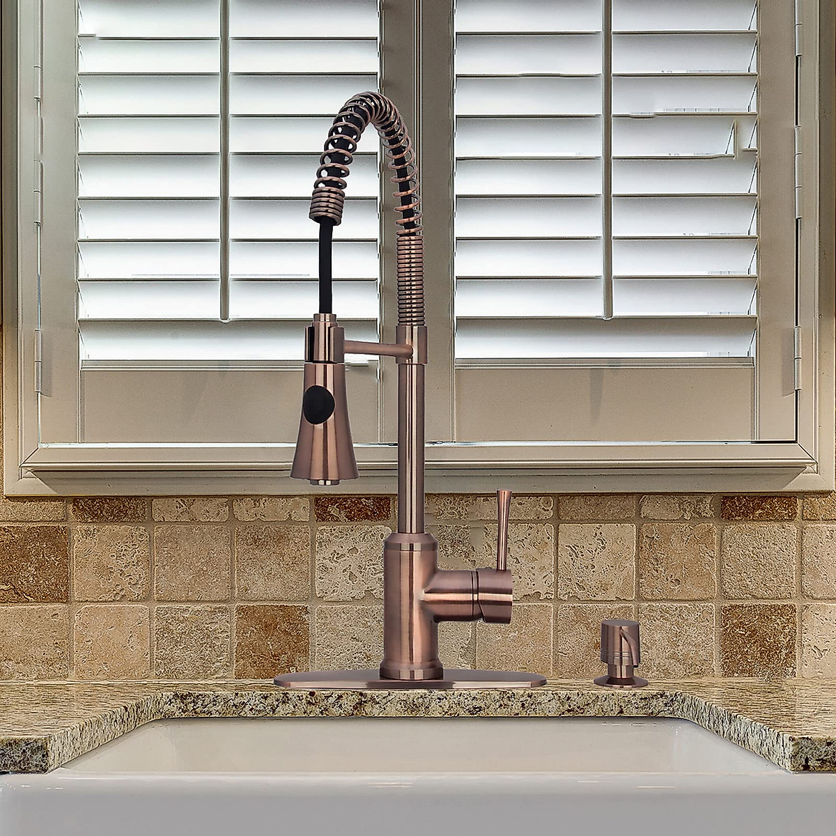 Akicon Antique Copper Pre-Rinse Spring Kitchen Faucet, Single Level Solid Brass Kitchen Sink Faucets with Pull Down Sprayer Modern Style