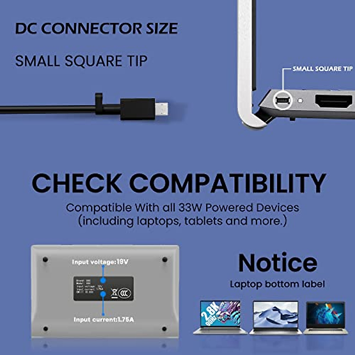 ​33W Laptop Charger Replacement for Asus Chromebook C201P C201 C201PA C100PA C100P C100 Eeebook X205T X205 X205TA Vivobook E200H E200HA AD890526 ADP-33AW B Small Square Tip Power Supply Cord