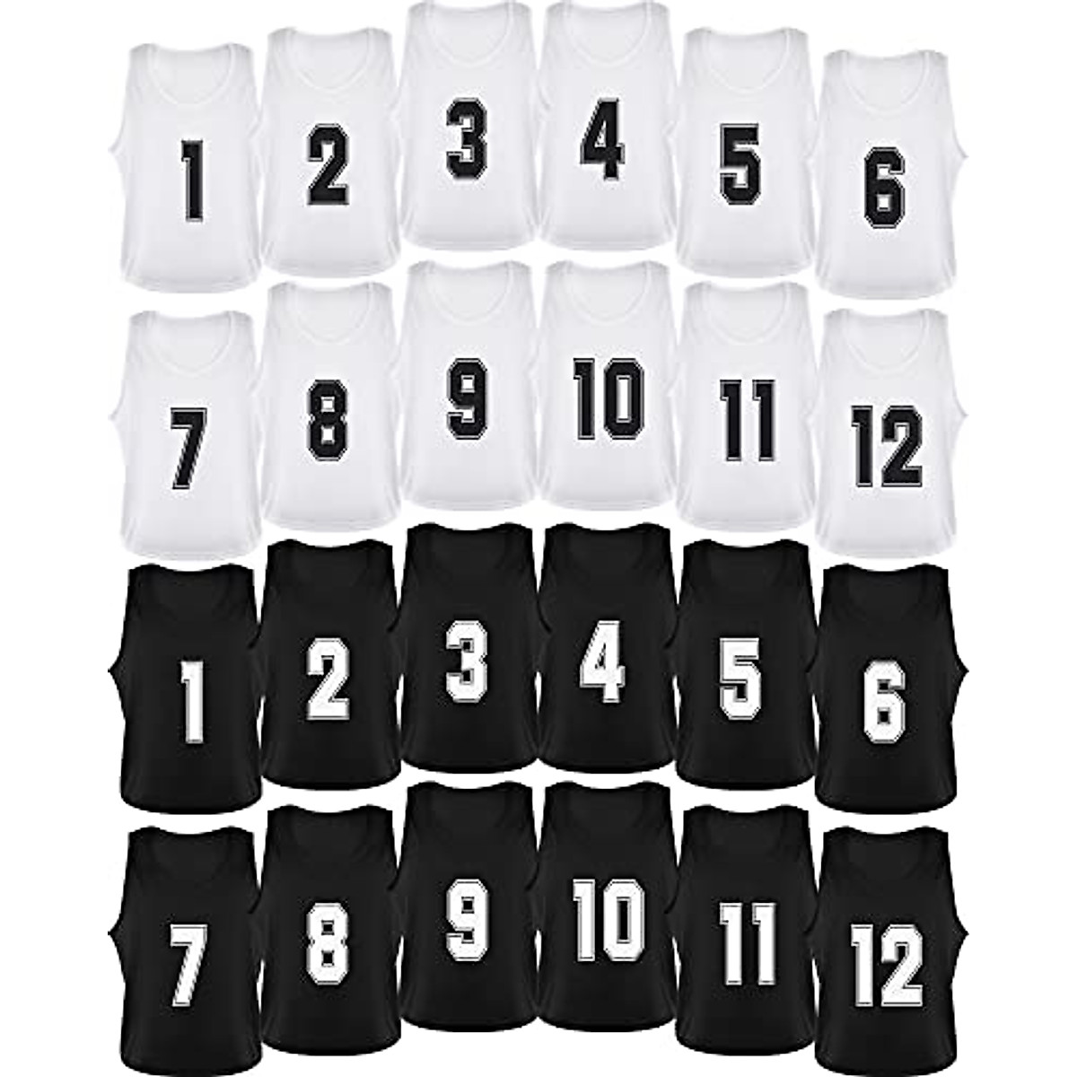 Silkfly 24-Pack Youth Numbered Soccer Practice Jerseys - Scrimmage Vests for Teens in Black & White