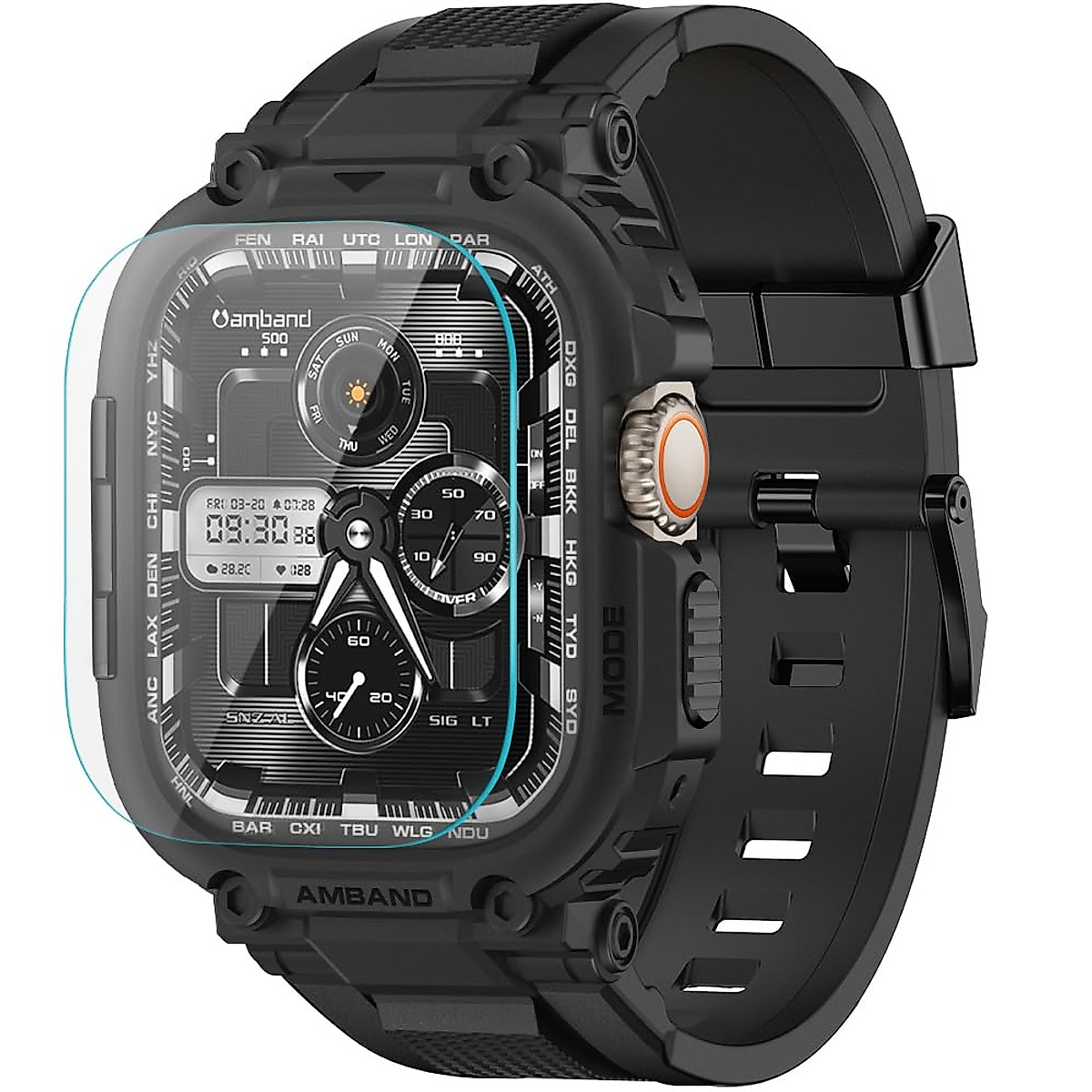 amBand Bands Case Screen Protector Compatible with Apple Watch Ultra 2/1 49mm for Men, M1 Sport Series Rugged Cover Strap and 9H Tempered Glass, Military Protective Bumper for iWatch 49 mm Men Black