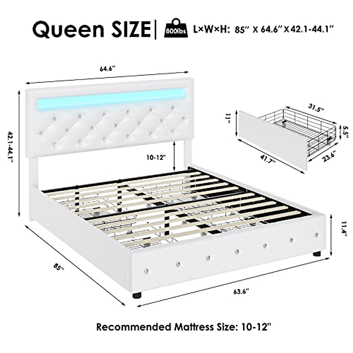 Keyluv Queen Upholstered LED Bed Frame with 4 Storage Drawers and Adjustable Crystal Button Tufted Headboard, Platform Bed with Solid Wooden Slats Support, No Box Spring Needed, White