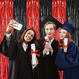 PIGETALE, 2 Pack 3.2x8.2 Feet Black and Red Foil Fringe Curtains Party Decorations, Tinsel Curtain Backdrop Streamers for Birthday Graduation Fiesta Stranger Theme Halloween Christmas Party Supplies