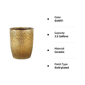 Modern Golden Small Trash Can Wastebasket, Garbage Container Bin for Bathrooms, Powder Rooms, Kitchens, Home Offices - Durable Ceramics - Round