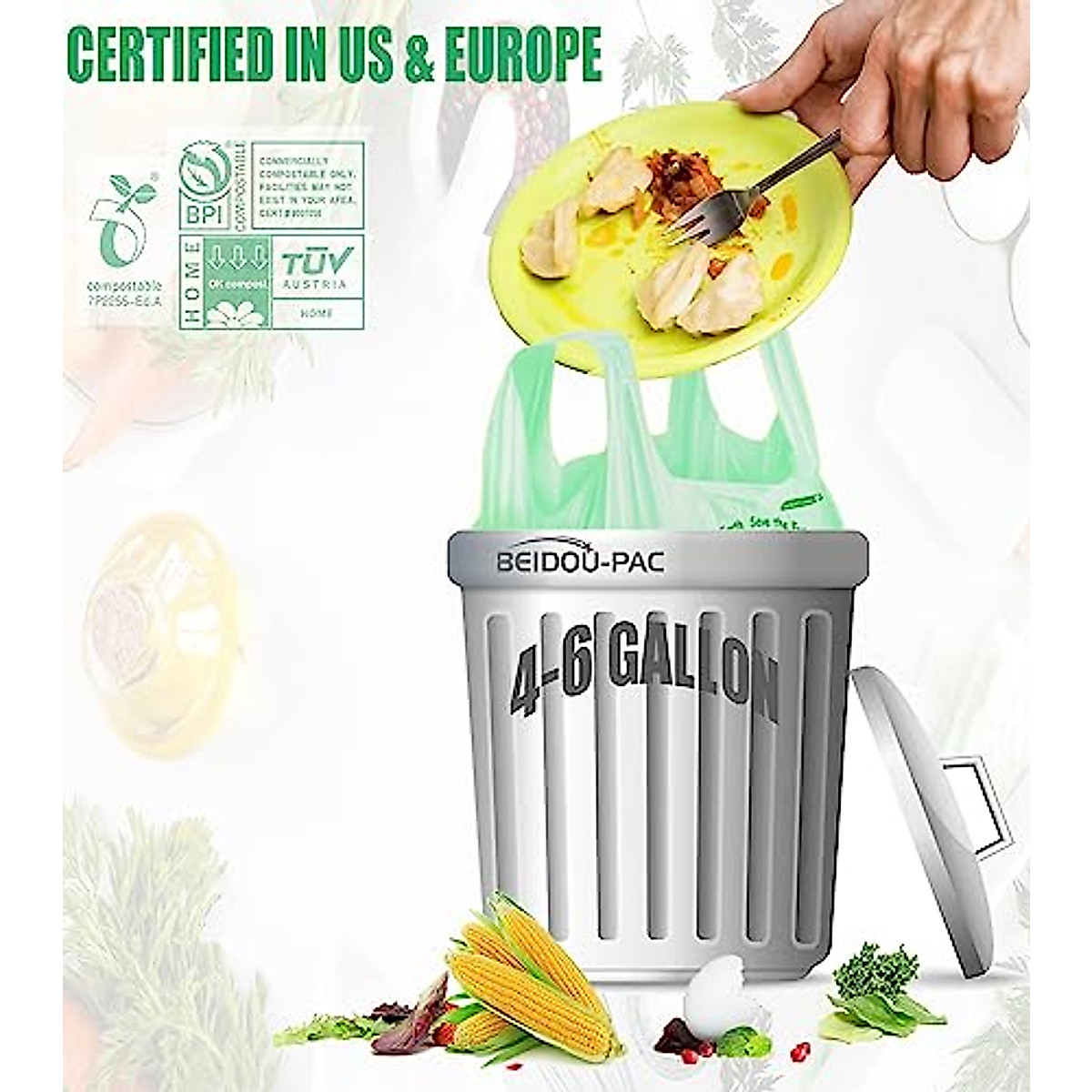 BEIDOU-PAC 4-6 Gallon Compostable Trash Bags, 50 Count, Compost Bags Kitchen Trash Bags with Handle, Sturdy Biodegradable Garbage Bags Food Scrap Waste Bags, ASTM D6400, US BPI Certified