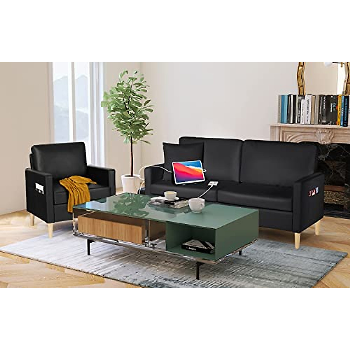 TYBOATLE Modern Faux Leather Living Room Furniture Sectional Sofa Sets 2 Pieces, Loveseat Couch w/ 2 USB Charging Ports and Comfy Accent Arm Chair for Small Space, Apartment, Office, Studio (Black)
