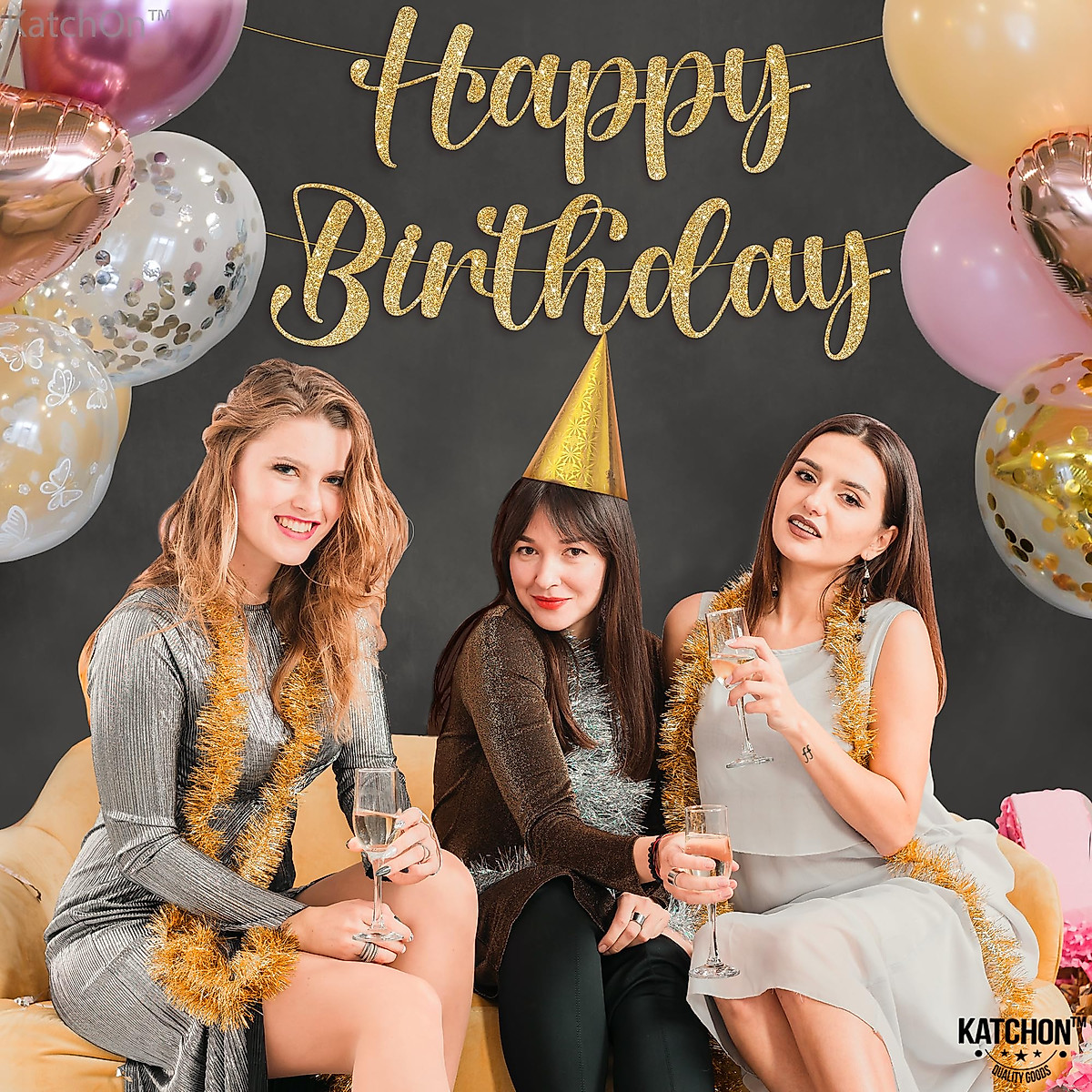 KatchOn, Glitter Gold Happy Birthday Banner - Pre-Strung, 10 Feet | Gold Happy Birthday Sign for Backdrop | Gold Birthday Banner for Happy Birthday Decorations | Backdrop for Gold Birthday Decorations