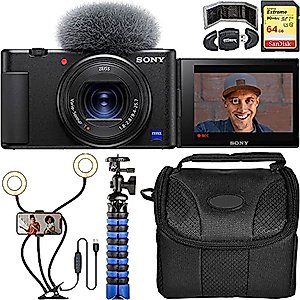 ZV-1 Digital Camera (Black) with Bluestone USB Dual Ring Light Deluxe Vlogging/Streaming Bundle. Includes: Wind Screen, SanDisk Extreme 64GB Card, 12” Gripster Tripod, & Much More.