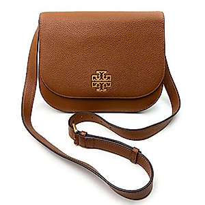 Tory Burch Britten Pebbled Leather Saddle Bag (Moose) With Gold Tone Hardware