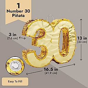 Gold Foil Number 30 Pinata for 30th Birthday Party Decorations, Anniversary Celebrations (Small, 16.5 x 13 x 3 In)