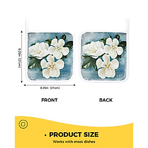 Pot Holders Set of 4,Country White Flower Green Leaf Potholder for Kitchen Heat-Proof Hot Pads,Rural Blooming Floral Blue Gradient Back Hot Mats Potholders for Cooking Baking BBQ