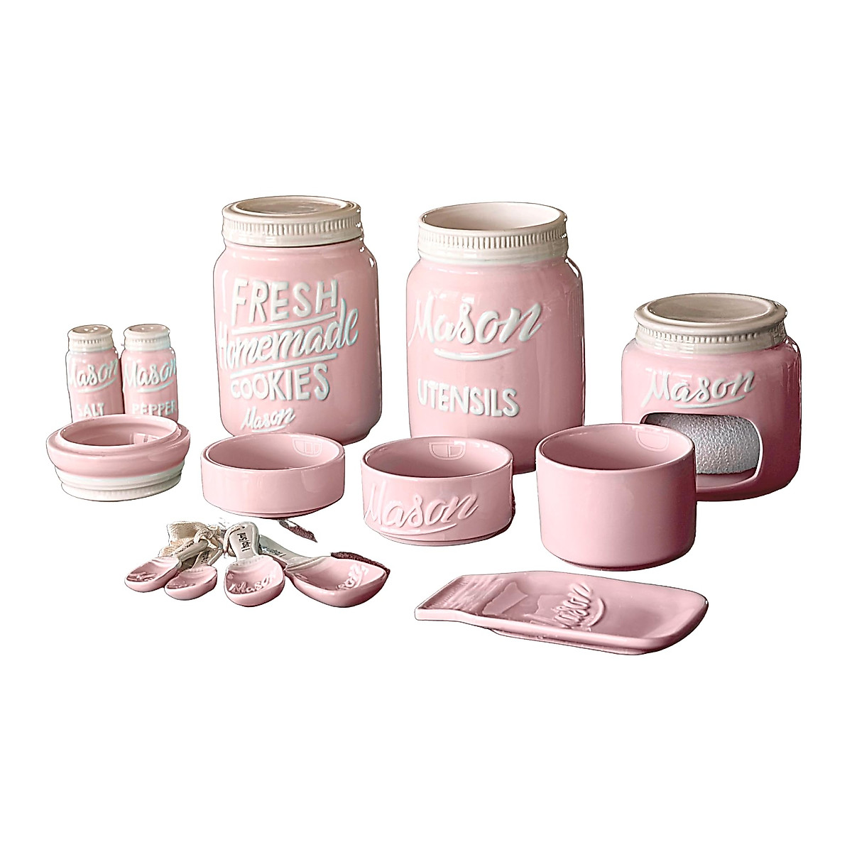 Farmhouse Canisters Sets for the Kitchen - Mason Jar Ceramic Kitchen Utensil Holder, Spoon Rest, Cute Cookie Jar, Salt & Pepper Shaker Sets, Sponge Holder, Measuring Cups & Spoons (Pink, 17-Pc Bundle)