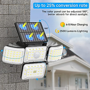 Solar Lights Outdoor, 250 LED 2500LM Security Motion Sensor Flood Light with 4 Adjustable Heads, IP67 Waterproof, 3 Modes & 300° Wide Angle Smart Outside Wall Light for Garden Pathway Garage, 2 Pack