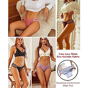 FINETOO Seamless Underwear for Women Cheeky Bikini Panties High Cut V-waist Lace Underwear Women Cute Bikinis 6 Pack